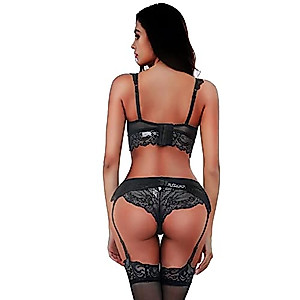 Ningsige Sexy Lace Unlined Underwire Bra and Panty Set for Women Black