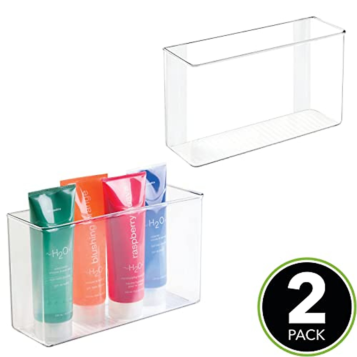 mDesign Plastic Storage Organizer Bin, Adhesive Mount for Cabinets & Walls in Bathroom, Vanity, Under Sink, Holds Body Wash, Shampoo, Lotion, Brushes, Hair Spray, Ligne Collection, 2 Pack, Clear