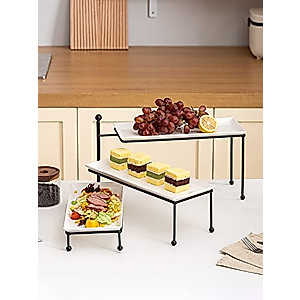 Kanwone 3 Tiered Serving Stand with White Porcelain Platters, Swivel Food Display Stand, 14.5" x 6" Tier Serving Trays with Black Metal Stand for Entertaining, Dessert Stand