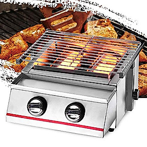 2 Burner Gas Tabletop Griddle, Commercial Gas BBQ Grill 2800Pa Stainless Steel Gas Grill for Outdoor Camping Party Tailgating (2-Burner)