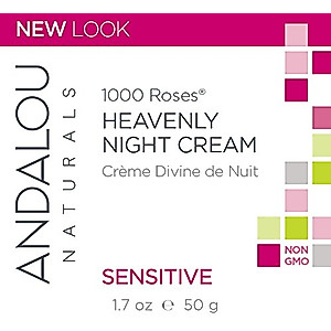 Andalou Naturals Heavenly Night Cream 1000 Roses, Sensitive Skin Moisturizer for Face, Enriched with Hyaluronic Acid & Aloe Vera, 1.7 Ounce