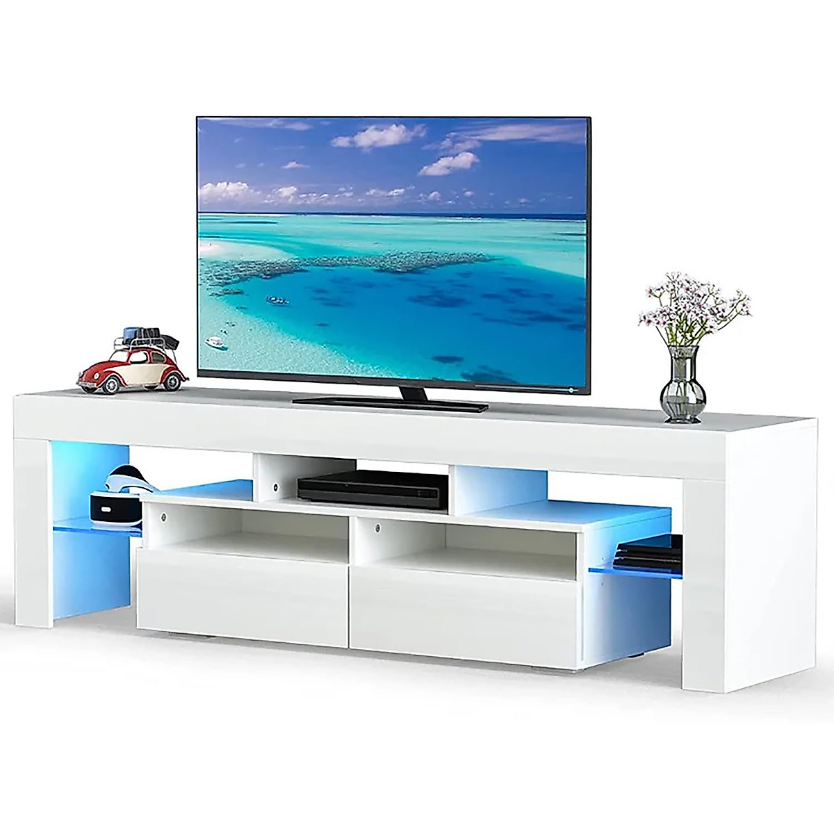 DMAITH White LED TV Stand for 50/55/60/65/70 TV, High Gloss Gaming Entertainment Center with Drawers and Open Shelves, TV Console Table for Living Room, Bedroom