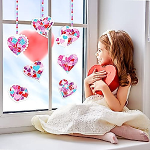24 Pieces Valentine's Day Suncatcher Craft Kit, Tissue Paper Heart Suncatcher Craft Valentine's Day Window Art Kit with 18 Tissue Paper for Valentine's Day Mother's Day Craft DIY Spring Party Favor
