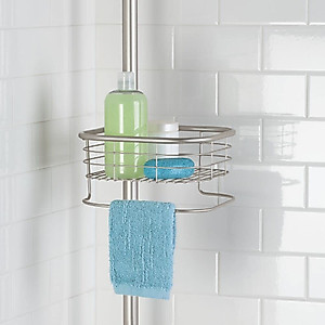 mDesign Bathroom Shower Corner Tension Pole Caddy with Adjustable Height - 4 Positionable Baskets for Organizing Shampoo, Conditioner, Shaving Cream, Soap, Loofah - Omni Collection - Satin