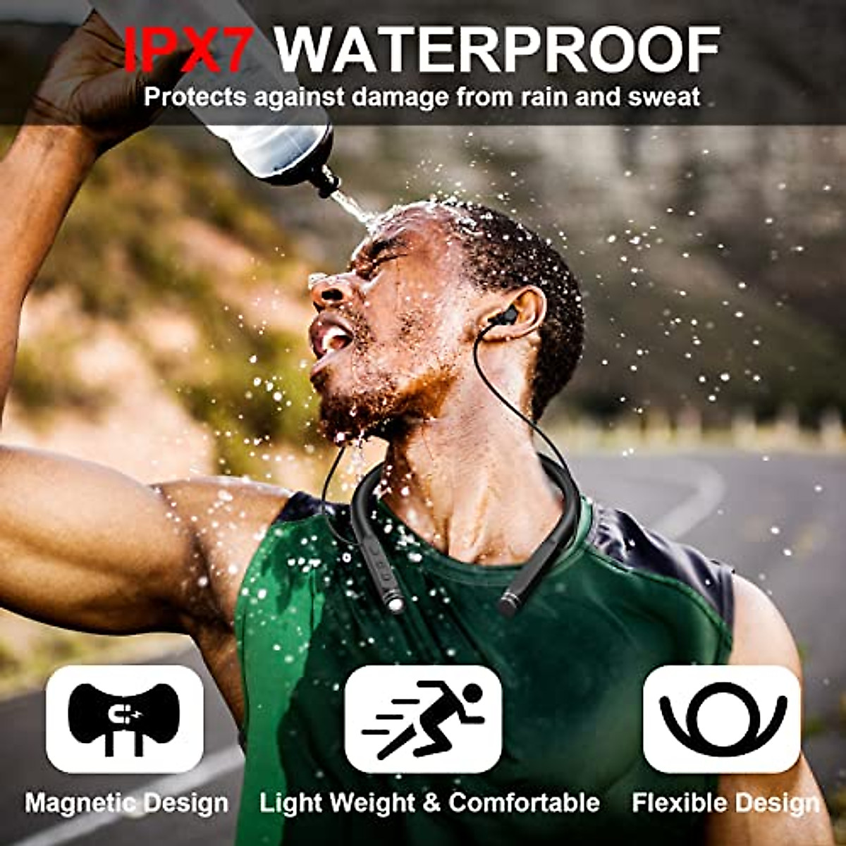 WESADN Bluetooth Headphones Neckband Wireless Earbuds with Microphone Flashlight Noise Cancelling Deep Bass 120H Playtime IPX7 Waterproof Outdoor Sports Running Headset for iPhone Android, Black