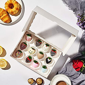 JCXGRVC 4PCS 10 x 7 x 2.5 inches Elegant Cookies Boxes, Strawberries Boxes with Display Window, White Paper Box