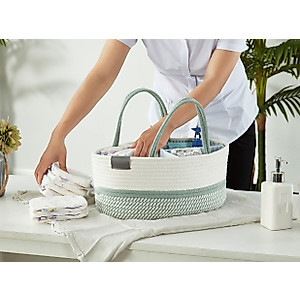 DECOMOMO Green Diaper Caddy, Nappy Caddy, Woven Baby Basket (Sage Green & White, Large)