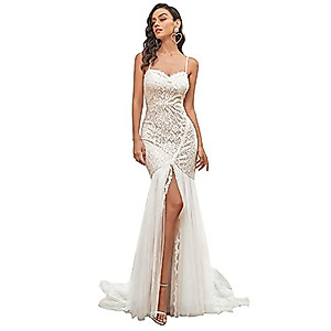 Ever-Pretty Womens Open Back Lace Floor Length Bridal Dress with Long Lace Trian White US6