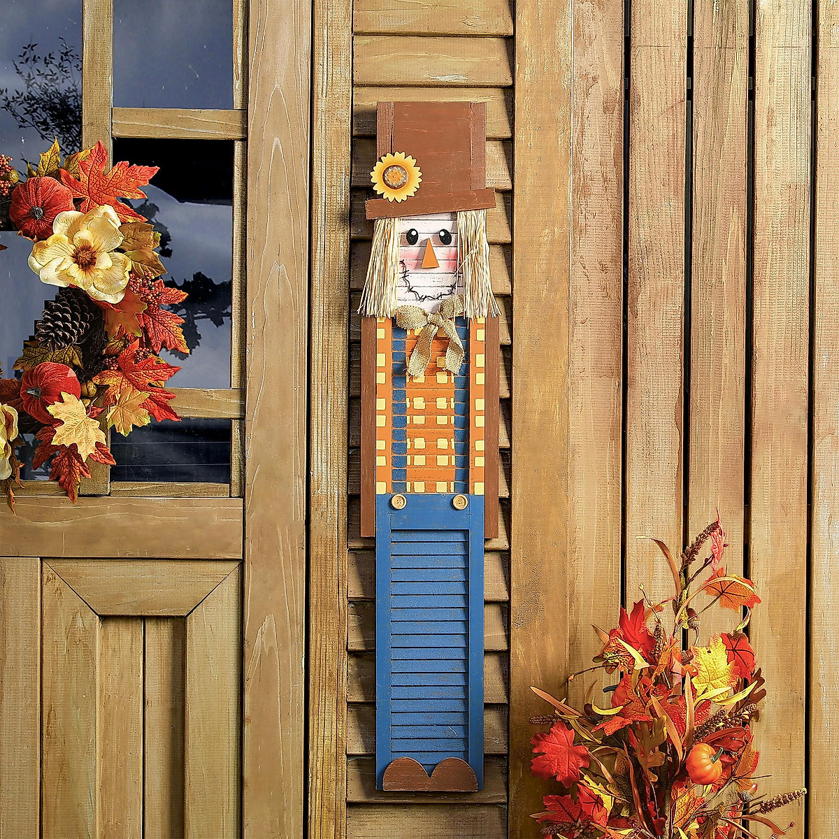 Glitzhome 42"H Rustic Wooden Scarecrow Porch Sign for Fall Harvest Thanksgiving, Farmhouse Style Wood Scarecrow Wall Sign, Standing/Hanging Scarecrow Sign for Home Yard Decor