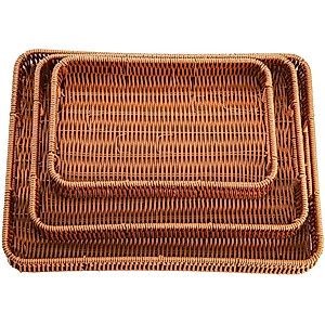 Set of 3 Rectangle Rattan Serving Tray - Large, Regular and Small Hand Woven Wicker Baskets with Handles - Breakfast Drinks Coffee Snack Fruit Storage Platter Trays - Tabletop Organizers Home Decor