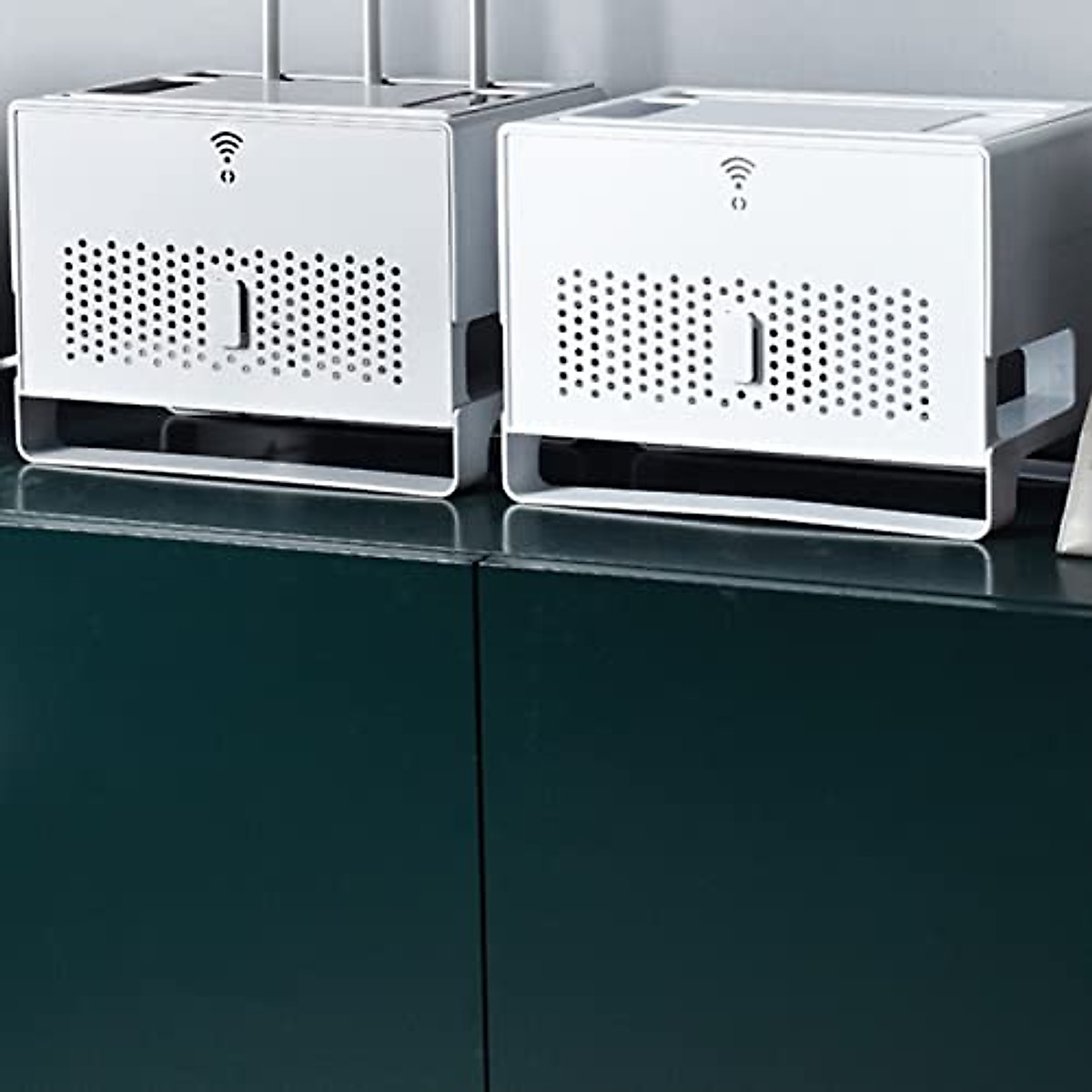 RDBSMGX Multi-Function Router Storage Box Double-Layer Design Router Storage Box Panel Hollow and Breathable Abs Material Removable Front Panel Multiple Openings on The Top Design