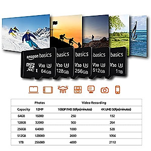 Amazon Basics microSDXC Memory Card with Full Size Adapter, A2, U3, Read Speed up to 100 MB/s, 128 GB