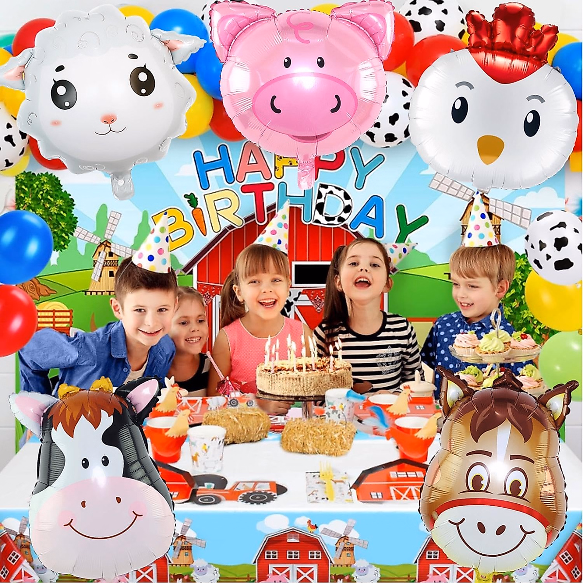 XLENGO 5 PCS Farm Animal Balloons, Cow Donkey Sheep Pig Chicken Foil Mylar Balloon for Baby Shower Farm Birthday Party Decorations Supplies
