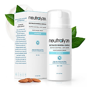 Neutralyze Maximum Strength Acne Moisturizer for Face & Body - Time Released, Medical Grade 2% Mandelic Acid & Salicylic Acid Cream - Renewal Complex Facial Moisturizer for Acne Prone Skin (90+ Day)