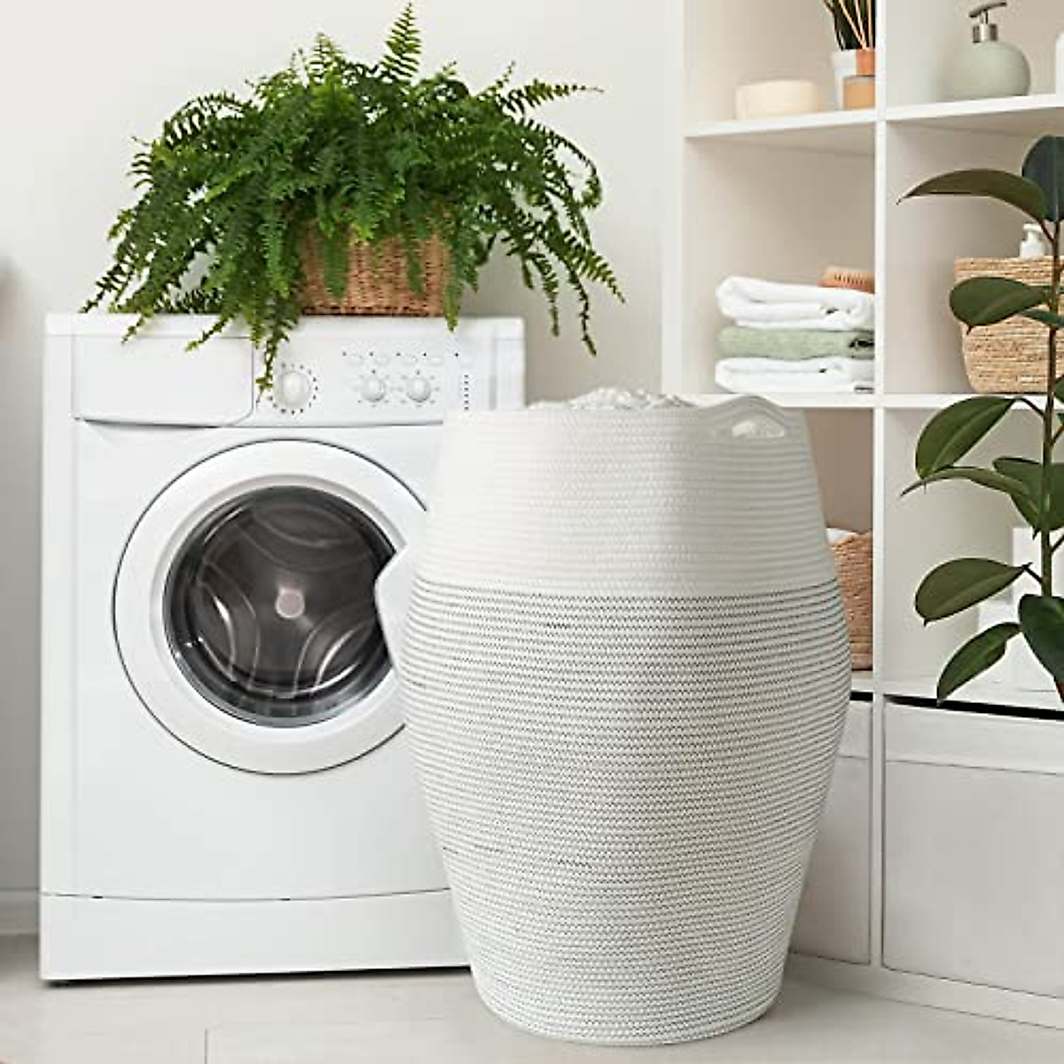 Goodpick Laundry Hamper | Woven Cotton Rope Dirty Clothes Hamper Tall kids Curve Laundry Basket Large, (White, 25.6 x 17.71 Inch)