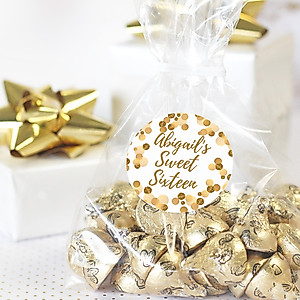 Personalized White and Gold Sweet 16 Birthday Party Favor Stickers with Name - Custom Envelope Seals, Bag Stickers - 1.75 in. Round - 40 Labels