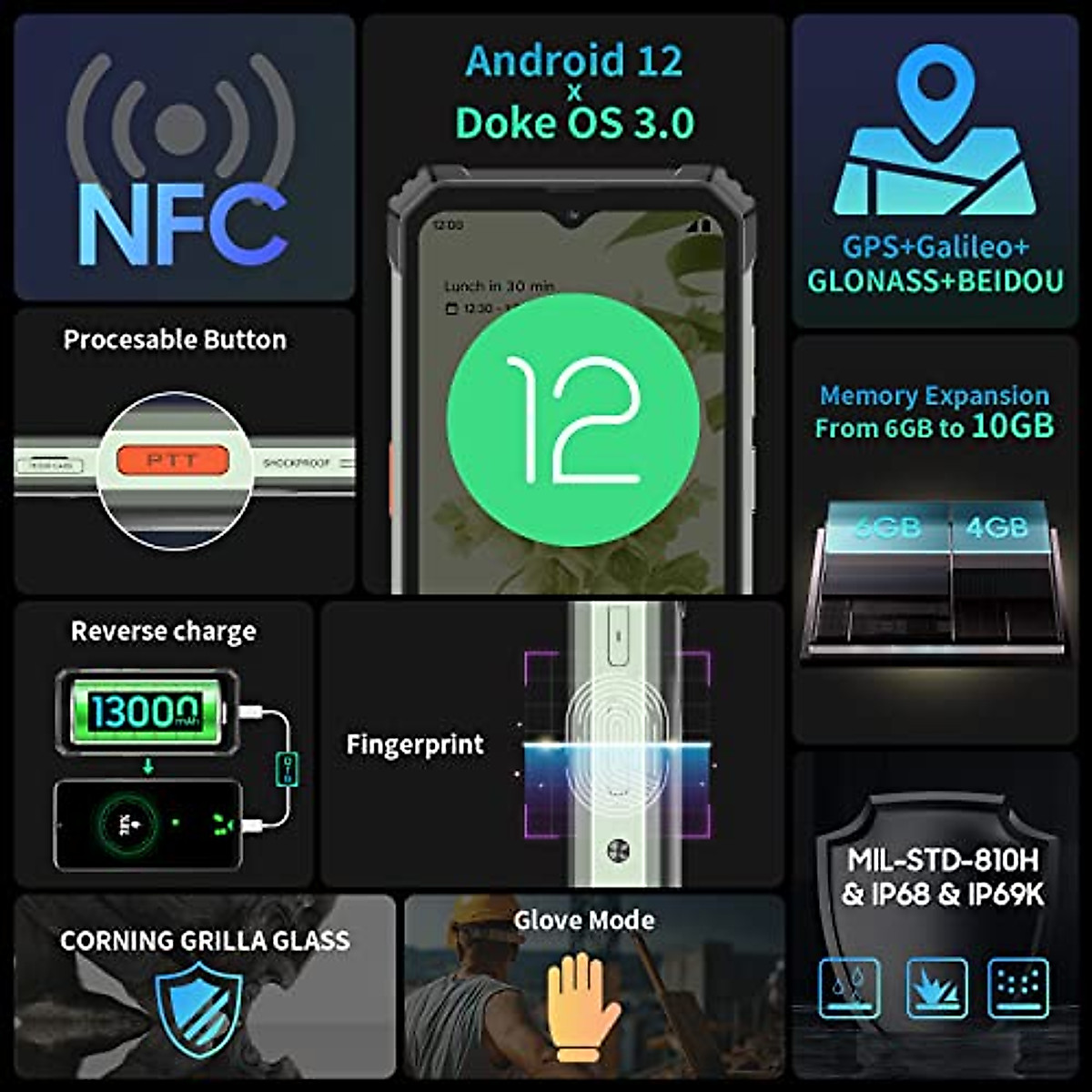 Blackview BV7100 Rugged Smartphone Unlocked, 13000mAh Battery 33W Fast Charge, 10GB 128GB 1TB Expand, MTK Helio G85, 6.58" FHD+ Android 12 IP68/IP69K, 12MP Triple Camera, 4G Dual Sim Rugged Phone NFC