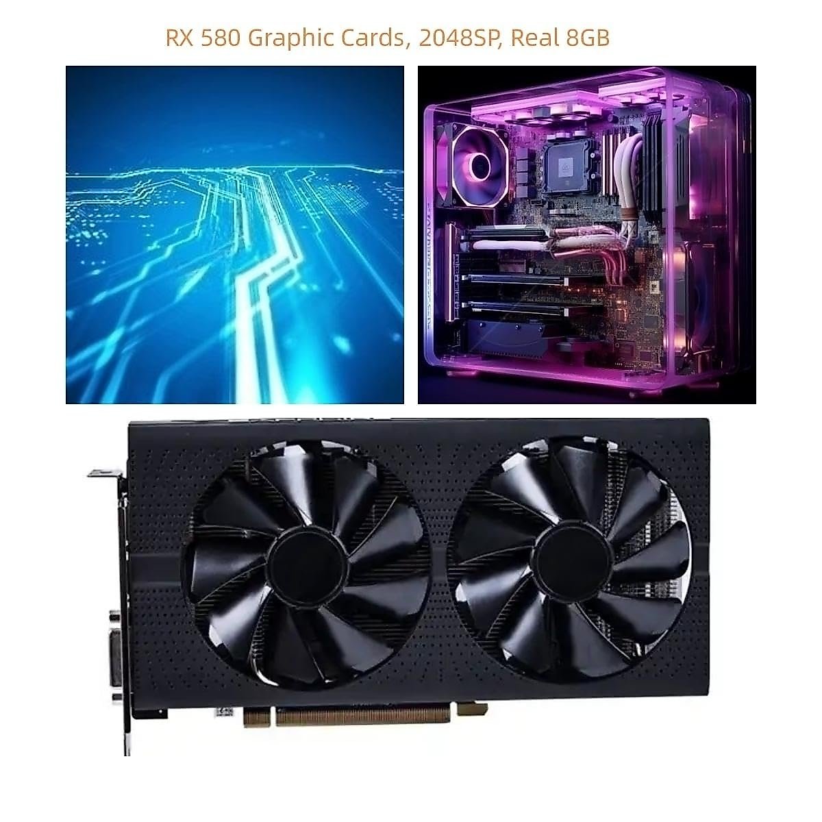 XUANMO AMD Radeon RX580 2048SP 8g Gpu Video Gaming Amd graphics card GDDR5 256-Bit Pc Gaming Video Card AMD 2XDP HDMI PCI Express 3.0 with Freeze Fan Stop for Desktop Computer Gaming Gpu
