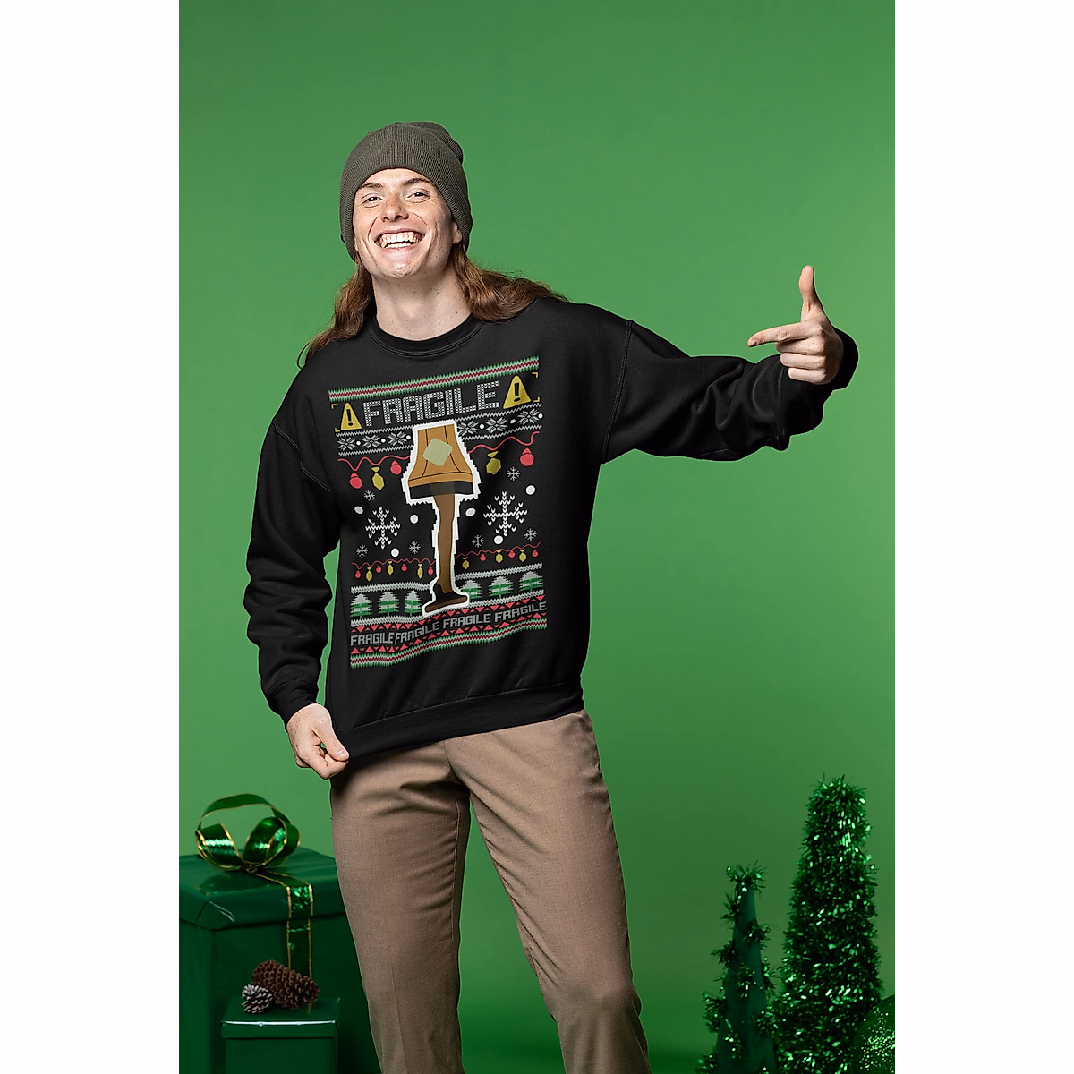 Wild Bobby Fragile Leg Lamp Christmas Story Funny Xmas Ugly Christmas Sweater Unisex Crewneck Sweatshirt, Black, X-Large