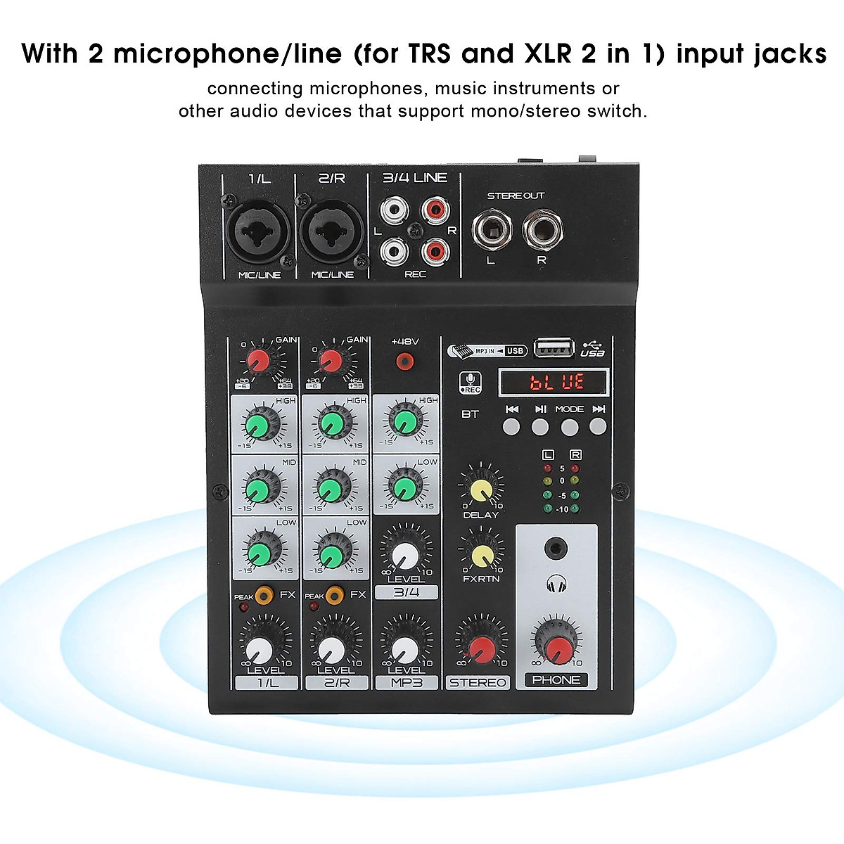 Portable Audio Mixer, Portable 4 Channel BT Mixing Console Digital Audio Mixer Builtin Effect for Home Karaoke, Webcast, Music Recording(US plug)