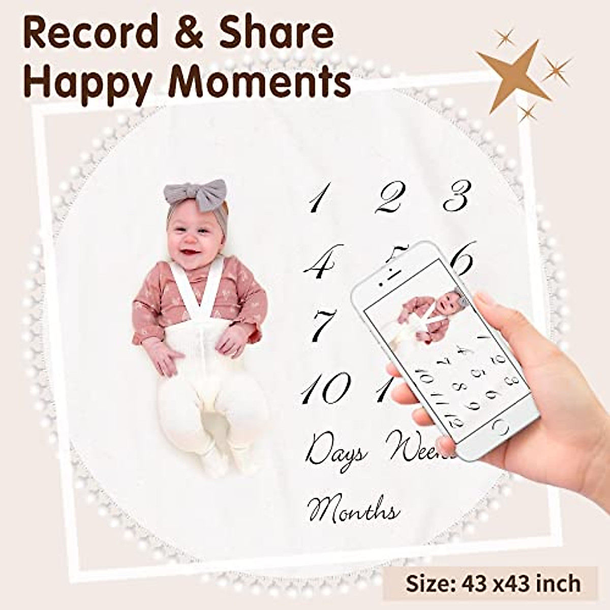 Baby Milestone Monthly Blanket with Double-Sided Milestone Cards and Circle Ring Play Mat Large(43.3" X43.3') Double Sided Pom Pom Ball Thick Flannel Round Rug for Boy Girl, Baby Photography Props