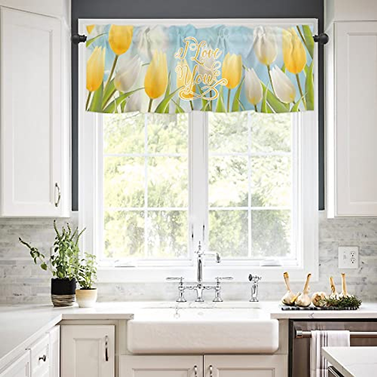 Tulip Floral Valance Curtains for Living Room/Bedroom/Bathroom/Kitchen Window,Rod Pocket Window Valance Tiers Small Window Curtain Drape Window Panel Treatment,Spring Gold White Flower Bow 1 Panel