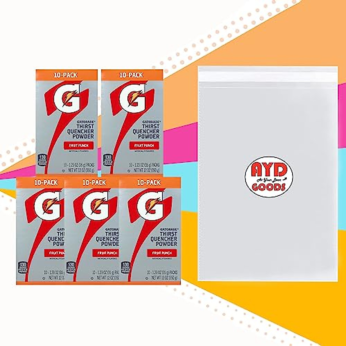 Gatorade Thirst Quencher Powder Sticks, Fruit Punch, 1.23oz Gatorade Powder Packets with Electrolytes (5 Packs of 10, Total of 50pcs)