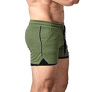 EVERWORTH Men's 2 in 1 Workout Shorts 5" Quick Dry Gym Shorts Bodybuilding Short Shorts Compression Shorts with Zipper Pocket 2 Pack GreenBK US M