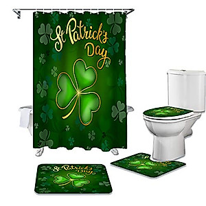 Singingin St. Patrick's Day Bathroom Sets with Shower Curtain and Rugs Green Clover Shower Curtain Sets with Rugs,Toilet Lid Cover and Bath Mat,Non-Slip Rugs and Waterproof Bath Curtain with Hooks