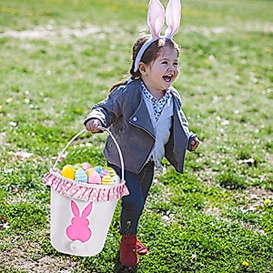 Easter Baskets Bags Empty Bulk For Kids Girls Toddler Bunny Eggs Hunt Bags with Fluffy Tail Pink Canvas Rabbit Toys Personalized Handbag Toys Bucket Tote Bag Candies Storage Gifts with Handles (Pink)