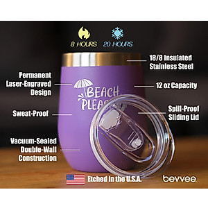 Beach Please - Travel Wine Tumbler with Sliding Lid - Stemless Stainless Steel Insulated Cup - Cute Funny Outdoor Camping Gift - Purple