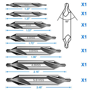 7 Pieces Center Drill Bits Set, M2 High Speed Steel 60-Degree Angle Center Drill Bits Kit Countersink Tools for Lathe Metalworking Size 1.0 1.5 2.0 2.5 3.0 4.0 5.0