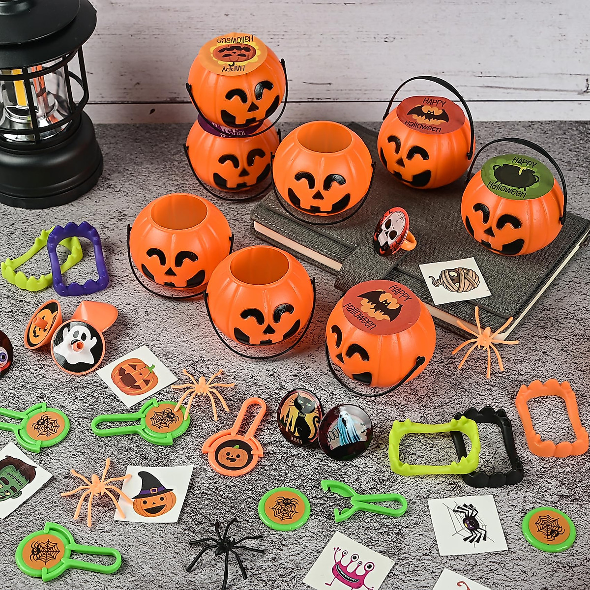 ATFUNSHOP 240PCS Halloween Party Favors 30Packs Prefilled Small Pumpkins With Assorted Halloween Toys In Bulk Trick or Treat Miniatures for Classroom Students Exchange Halloween Carnival Prizes