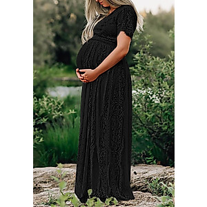 MEROKEETY Women's 2024 V Neck Short Sleeve Floral Lace Wedding Dress Bridesmaid Cocktail Party Maxi Dress, Black, Large