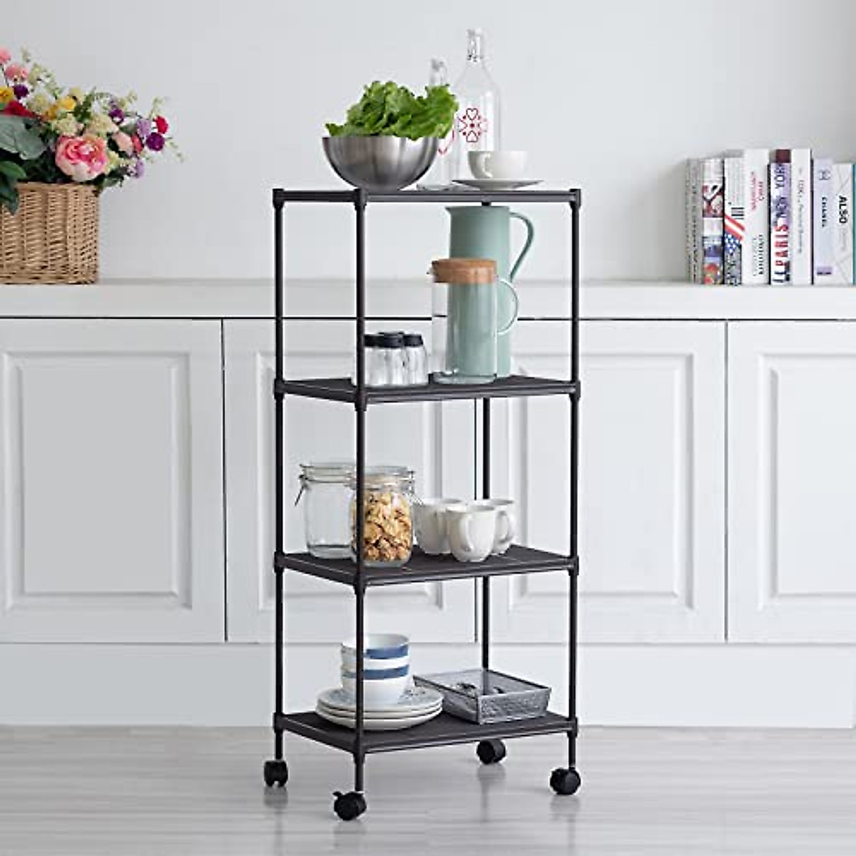 OVICAR 4-Tier Wire Storage Shelves, Adjustable Shelving Units with Wheels, Steel Metal Storage Rack for Kitchen Pantry Closet Laundry, Durable Organizer Garage Tool Storage Shelf (Black, 4 Tiers)