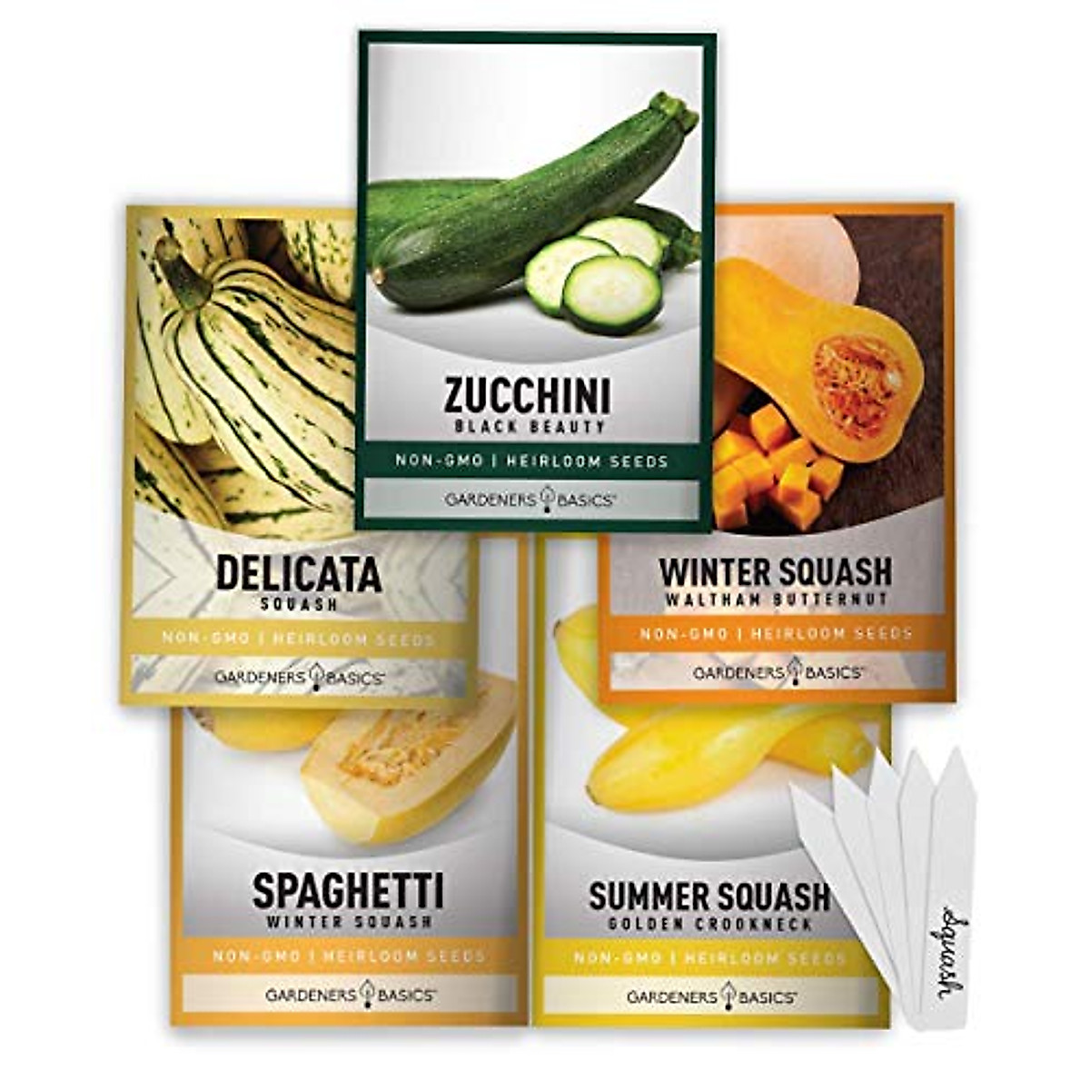Squash Seeds for Planting 5 Individual Packets - Zucchini, Delicata, Butternut, Spaghetti and Golden Crookneck for Your Non GMO Heirloom Vegetable Garden by Gardeners Basics