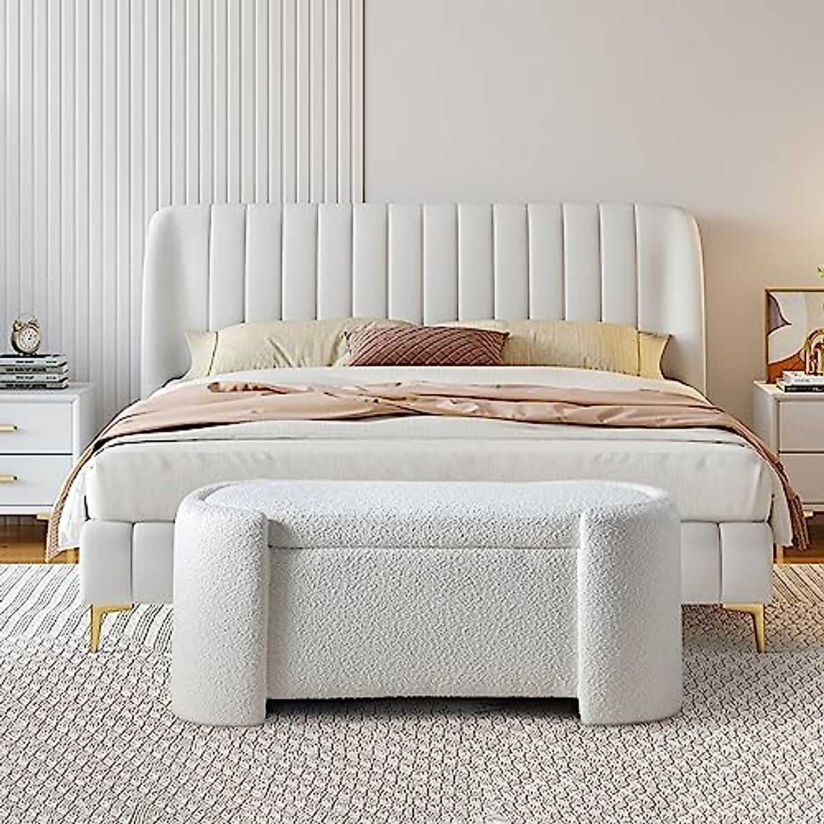KINFFICT 43.4" Storage Ottoman Bench for Bedroom End of Bed, Upholstered Boucle Storage Bench, Modern Sherpa Benches Furniture with Safety Hinge for Entryway, Bedroom, Living Room, Teddy White