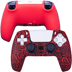 9CDeer 2 Pieces of Silicone Transfer Print Protective Cover Skin + 10 Thumb Grips for Playstation 5 / PS5 Controller Foliage Red & Blue