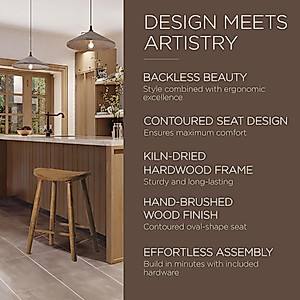 Maven Lane Kitchen Bar Stool, Modern Farmhouse Wood Counter Barstool, Kitchen Island Counterstool, Counter Height Bar Stools for Kitchen, Wide Seat Backless Bar Stools, Luna 26 Inch, Rustic Natural