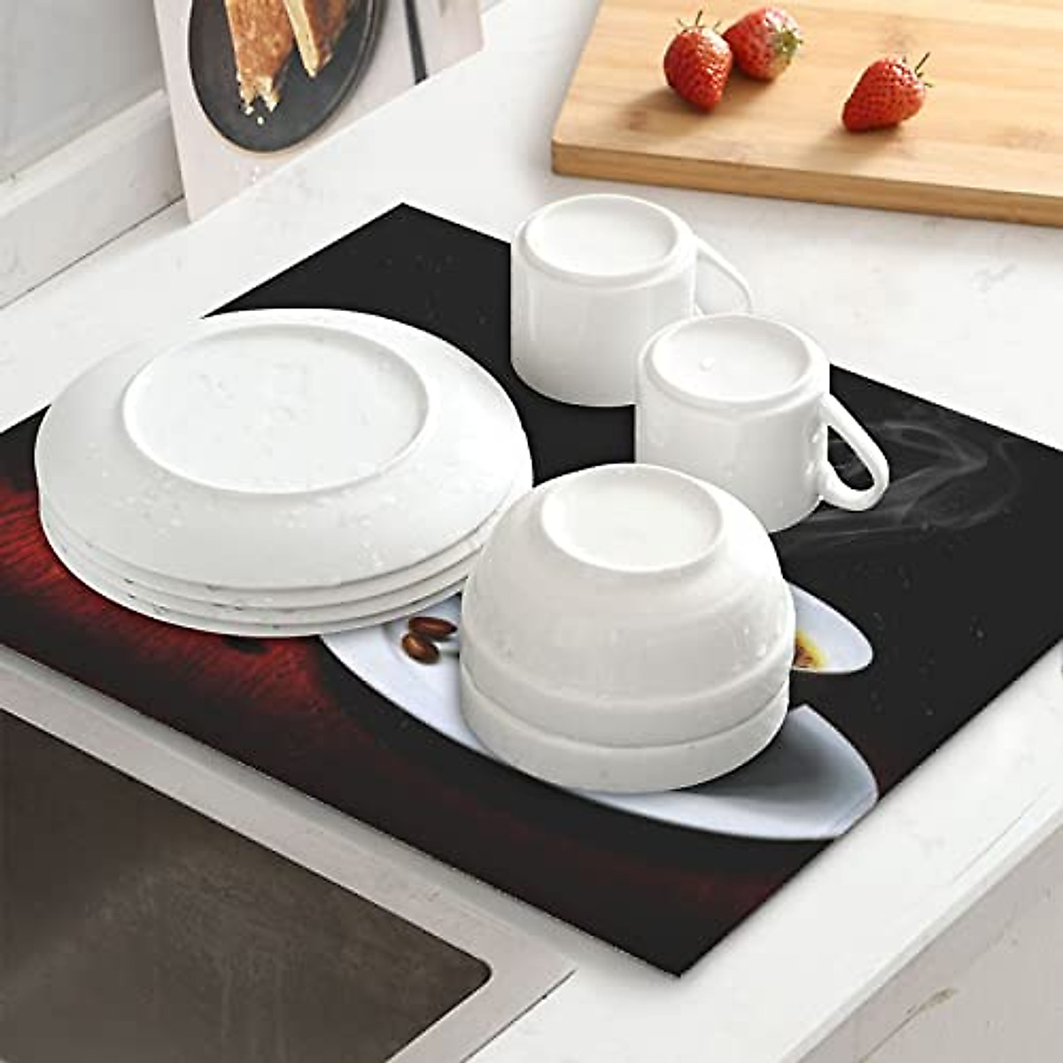 Hot Coffee with Coffee Bean Printed Drying Mat For Kitchen Ultra Absorbent Microfiber Dishes Drainer Mats Non-Slip Silicone Quick Dry Pad - 18 X 16inch