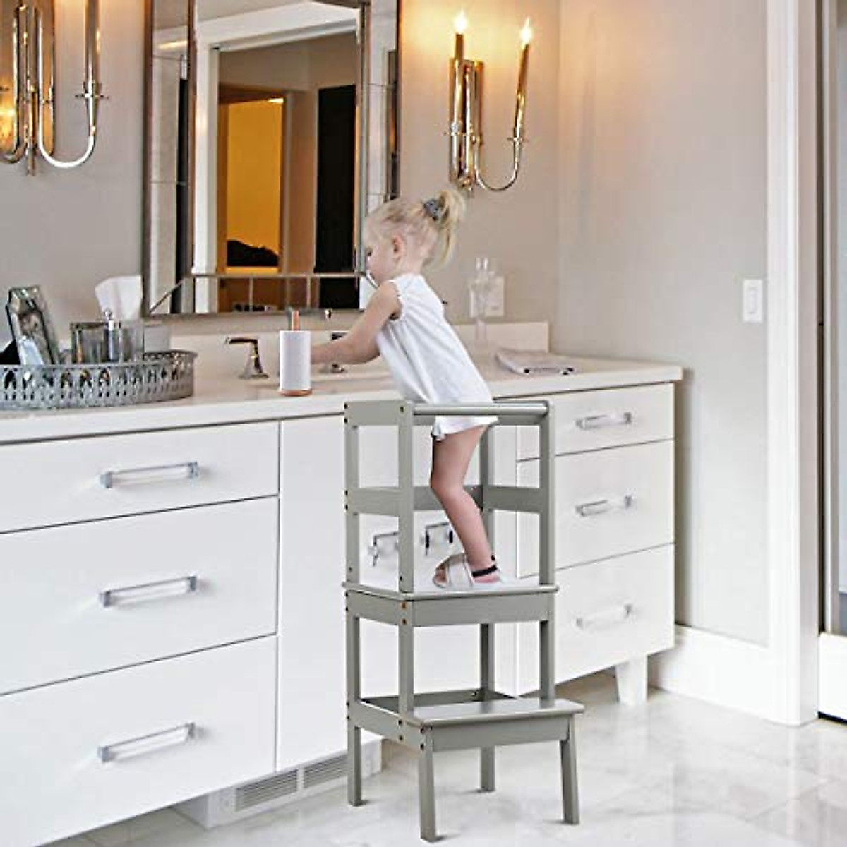 Costzon Kids Kitchen Step Stool with Safety Rail, Wood Standing Tower Learning Stool with Anti-Slip Strips for Children, Toddlers Kitchen Counter Helper Stool for Bathroom