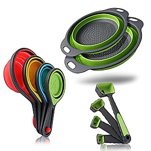 Collapsible Colander - 2 Pc Strainer Plus Portable Food Grade Silicone Measuring Cups and Spoons - Pasta Strainer for Draining, Vegetables, Fruits 1 Medium 4-Quart & 1 Small 2-Quart - Home Essentials