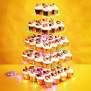 Kimdee 5 Tier Square Cupcake Stand Acrylic Cupcake Tower Display with Colorful LED Light