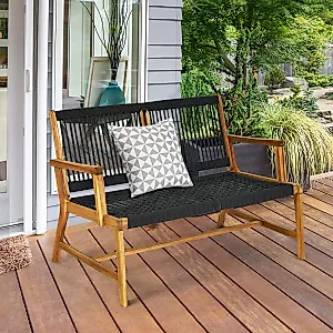 Tangkula 2-Person Patio Acacia Wood Bench Loveseat Chair, Outdoor Patio Bench Acacia Wood Bench in Teak Oil Finish, Patio Loveseat Rope Bench for Balcony Deck Poolside Porch (Black)