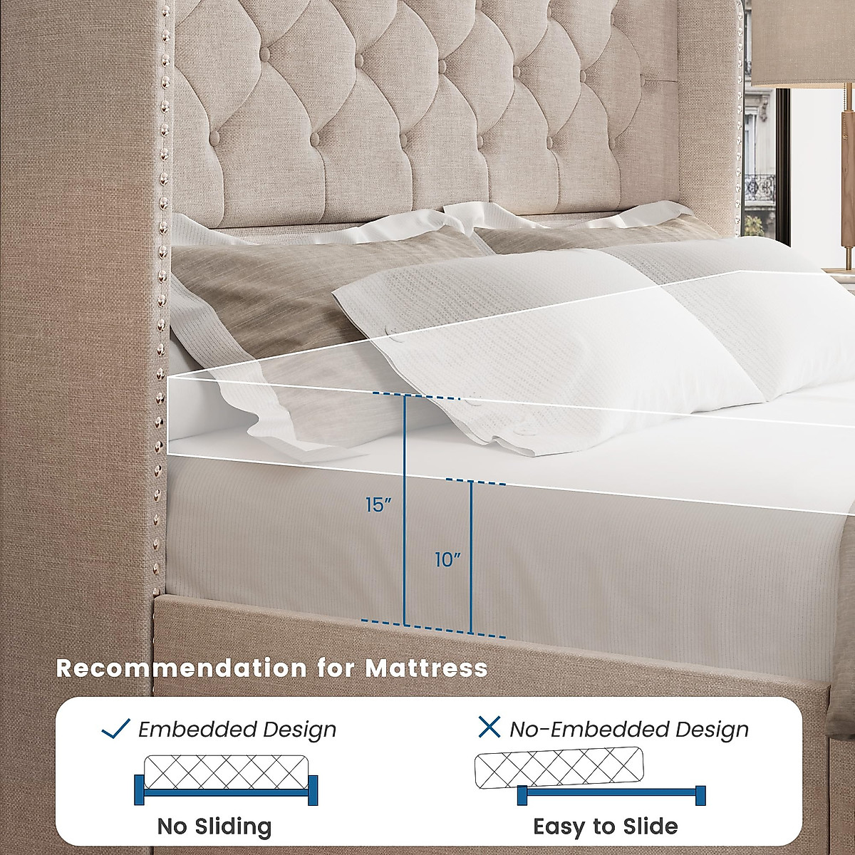 BRELTAM Queen Size Bed Frame with Storage Drawers and Wingback Headboard, Linen Upholstered Platform Bed Frame Tufted Beds with Wood Slats, No Box Spring Needed, Beige