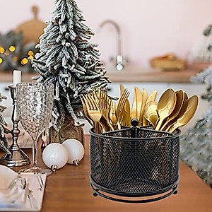 DysanVica 360° Rotating Metal Utensil Caddy - 4 Compartment Silverware Cutlery Holder Rotation Fork Spoon Napkin Organizer Flatware Storage Basket Party Countertop Buffet Picnic Camping Outdoor Black