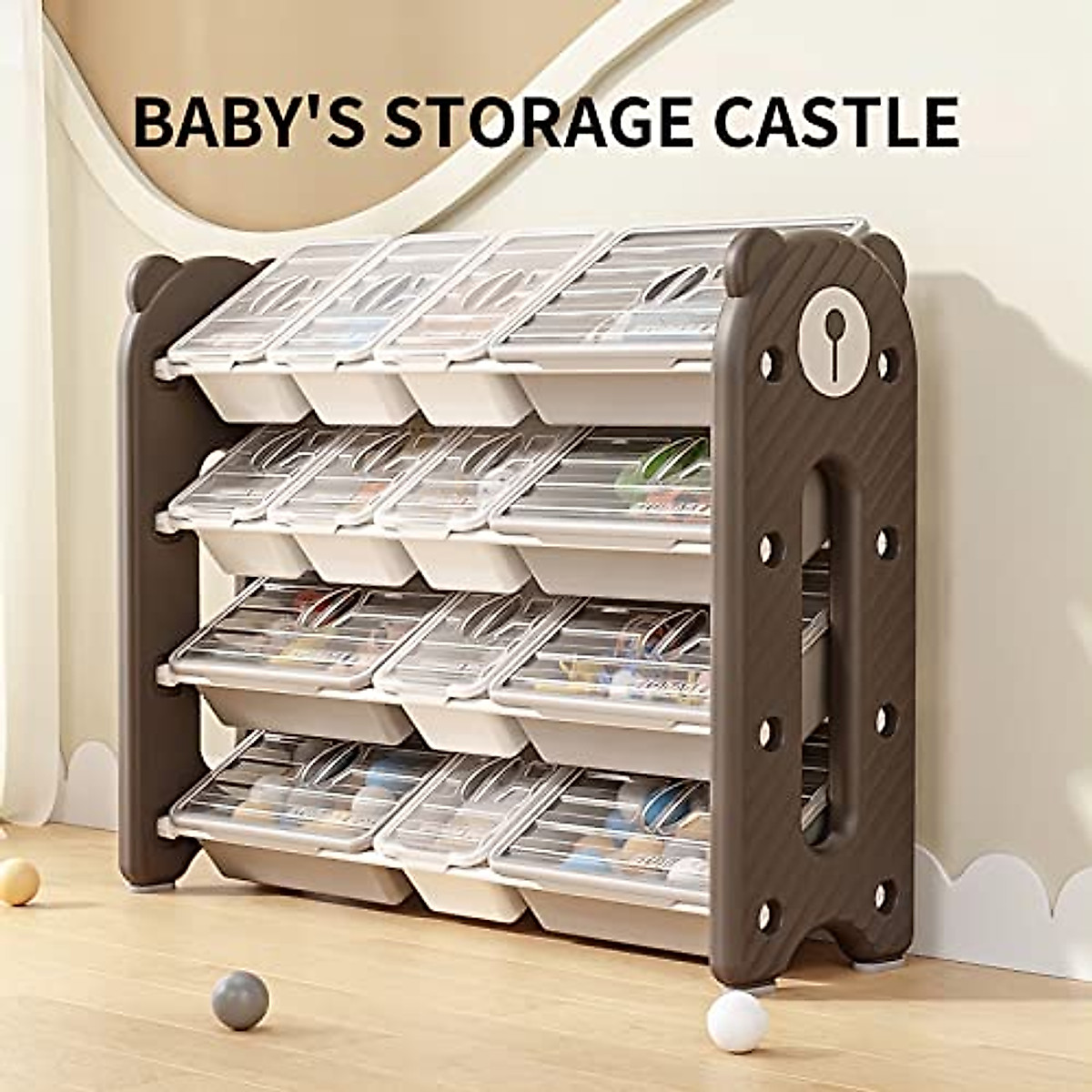 UNICOO Kids Baby Bear Toy Organizer Rack, 14 Bins with Dustproof Storage Cover for Baby Essentials, Kids Toys & Supplies 4 Tier Large Size (Bear Organzier -Brown)