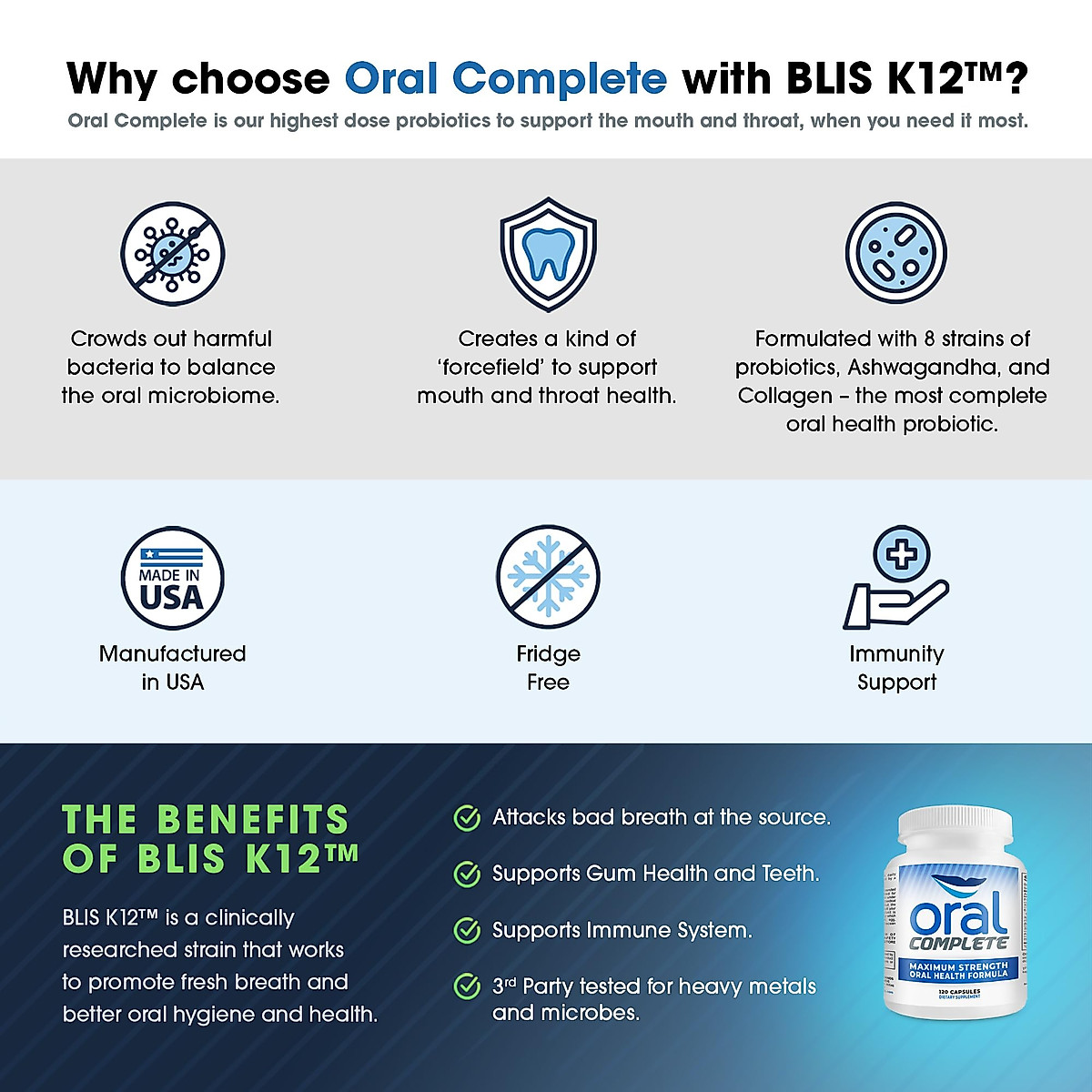 Oral Complete 11-in-1 Dental Probiotics, Bad Breath Treatment Halitosis Tonsil Stone with Non-GMO with BLIS K12, Ashwagandha and Collagen, 120 Capsules