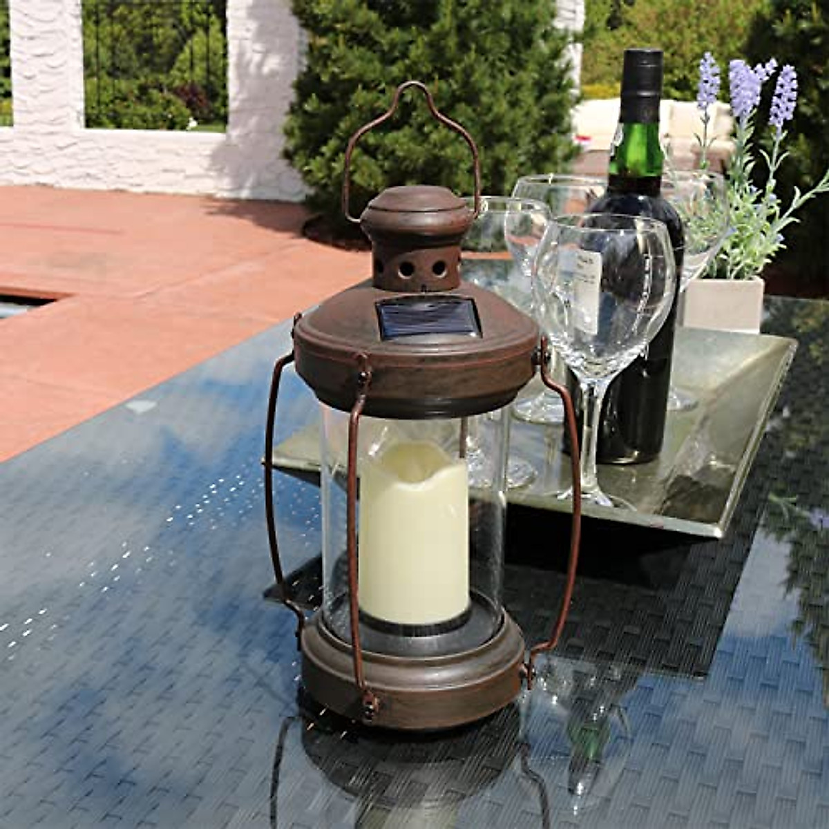 Sunnydaze Hanging Solar Light with LED Light and Candle - 12-Inch Outdoor Solar Lantern - Antique Outdoor Decoration for Patio, Porch, Deck, Garden or Backyard