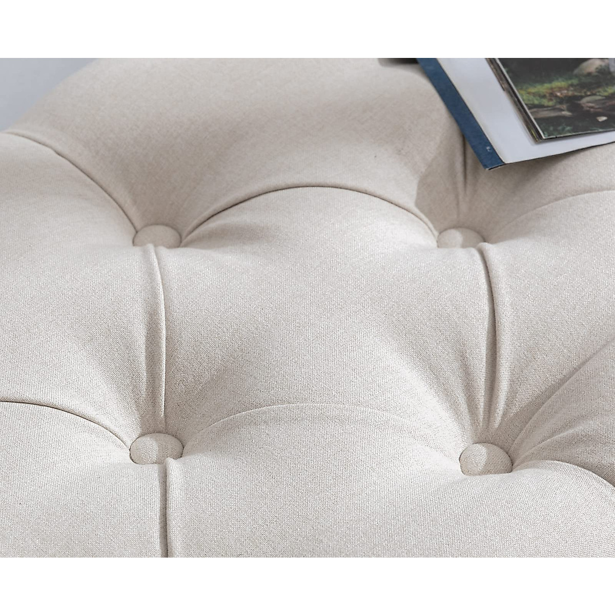 Guyou Farmhouse Storage Bench End of Bed Bench for Bedroom with Shelf 6 Foot, Fabric Upholstered Bench French Country Tufted Bench for Living Room Mudroom Black Washed Wood (Cream, 45”Lx19”Hx15.8”W)